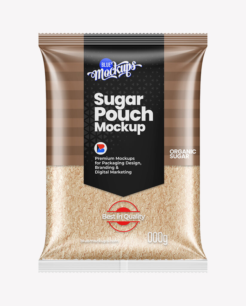 Glossy Food Bag Mockup | Organic Sugar | Front View – Blue Mockups