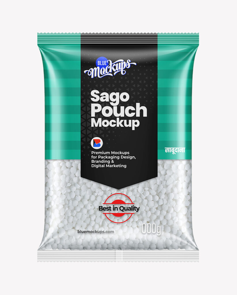 Glossy Food Bag Mockup | Sago | Front View – Blue Mockups
