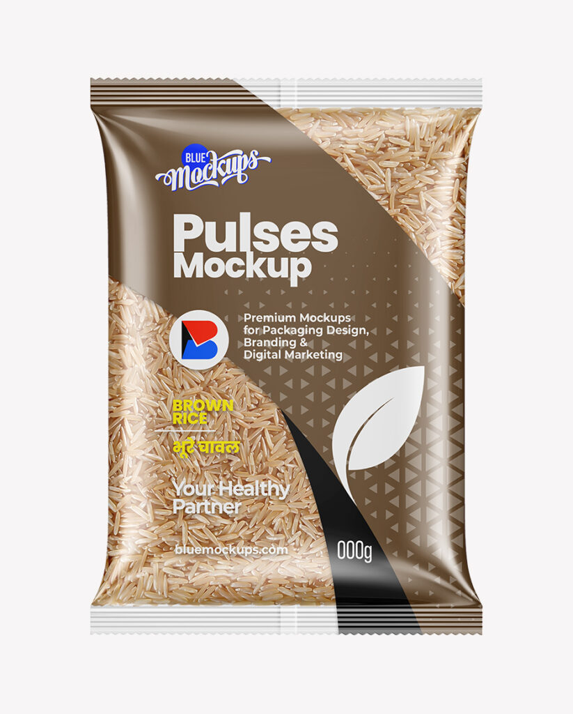 Glossy Food Bag Mockup | Brown Rice | Front View – Blue Mockups