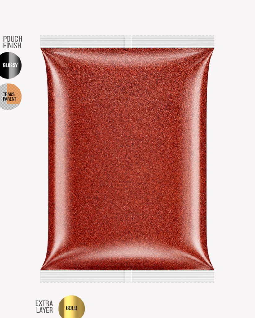 Glossy Food Bag Mockup | Red Chilli Powder | Front View – Blue Mockups