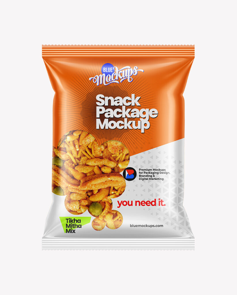 Glossy Snack Package Mockup | Tikha Mitha Mix – Blue Mockups